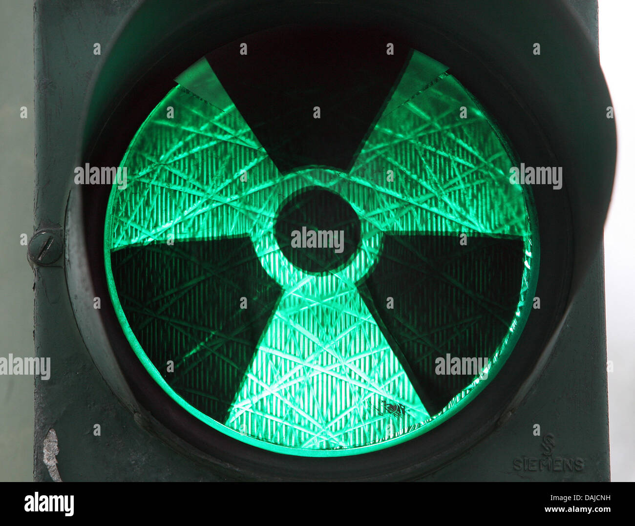 The nuclear sign, a warning for radioavtive material, is stuck onto a ...