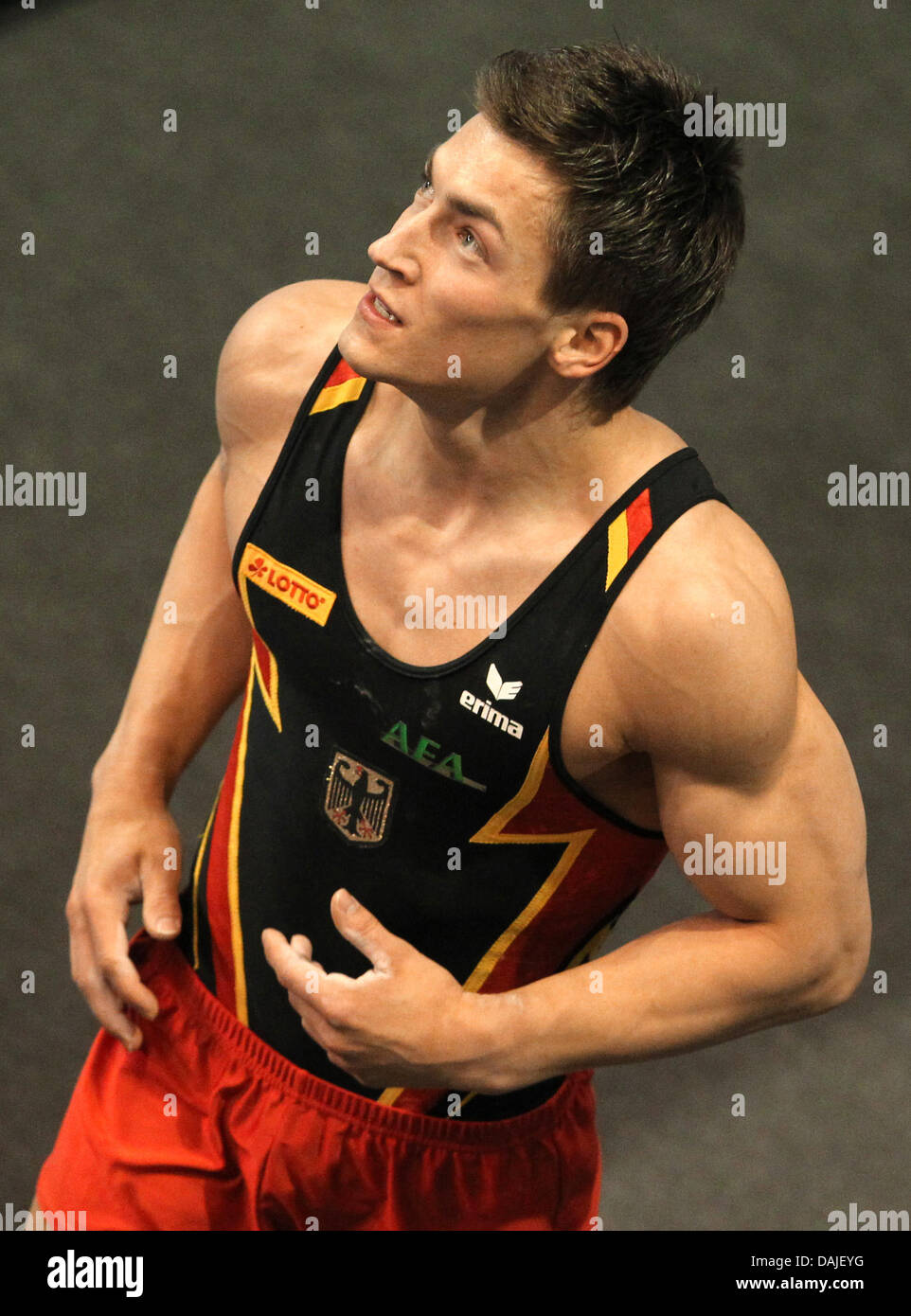 The German Philipp Boy looks to the display panel after his performance ...