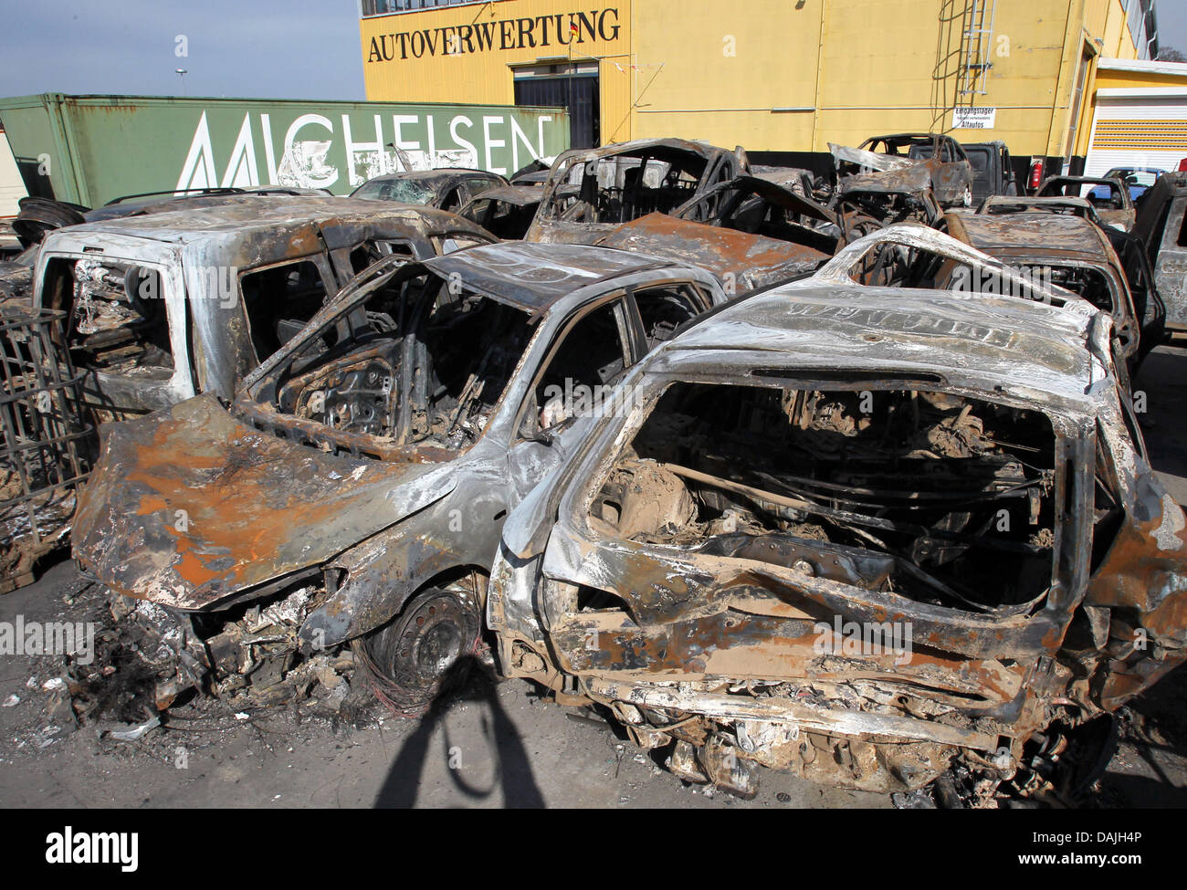 The burnt out wrecks of cars from the multiple car pile-up on Autobahn ...