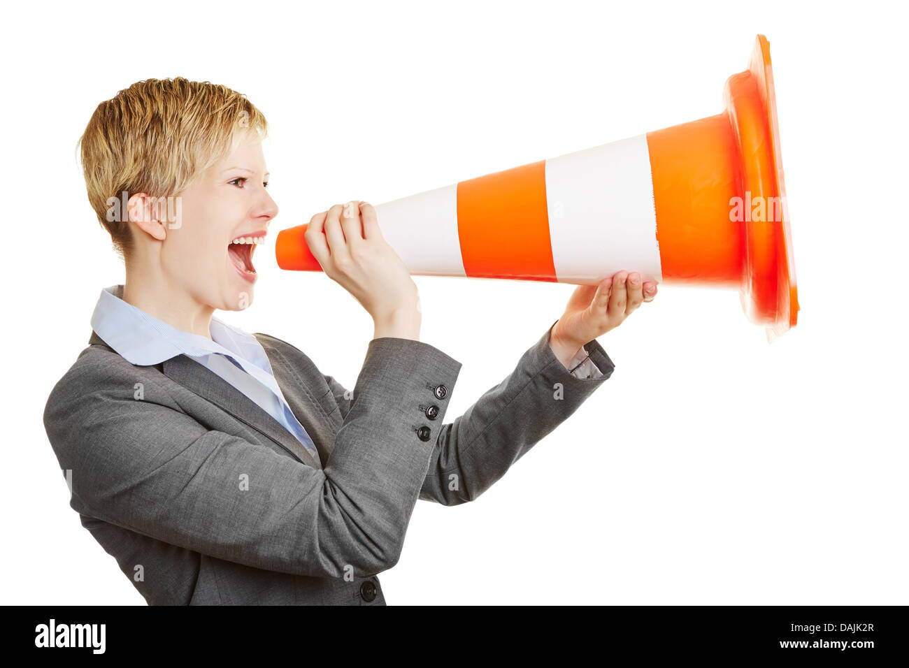 Young angry business woman screaming in a traffic cone Stock Photo - Alamy