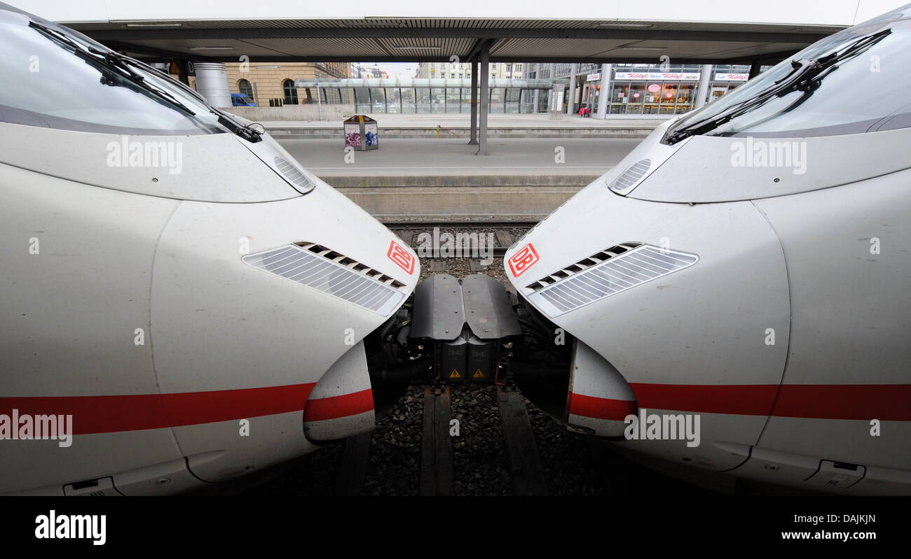 A file picture shows two ICE fast trains at the central station in ...