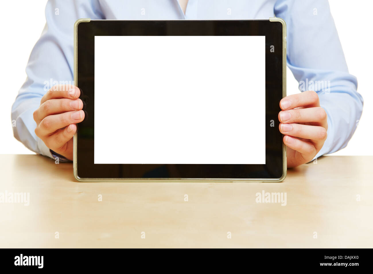 Hands holding a tablet computer with empty white screen Stock Photo - Alamy