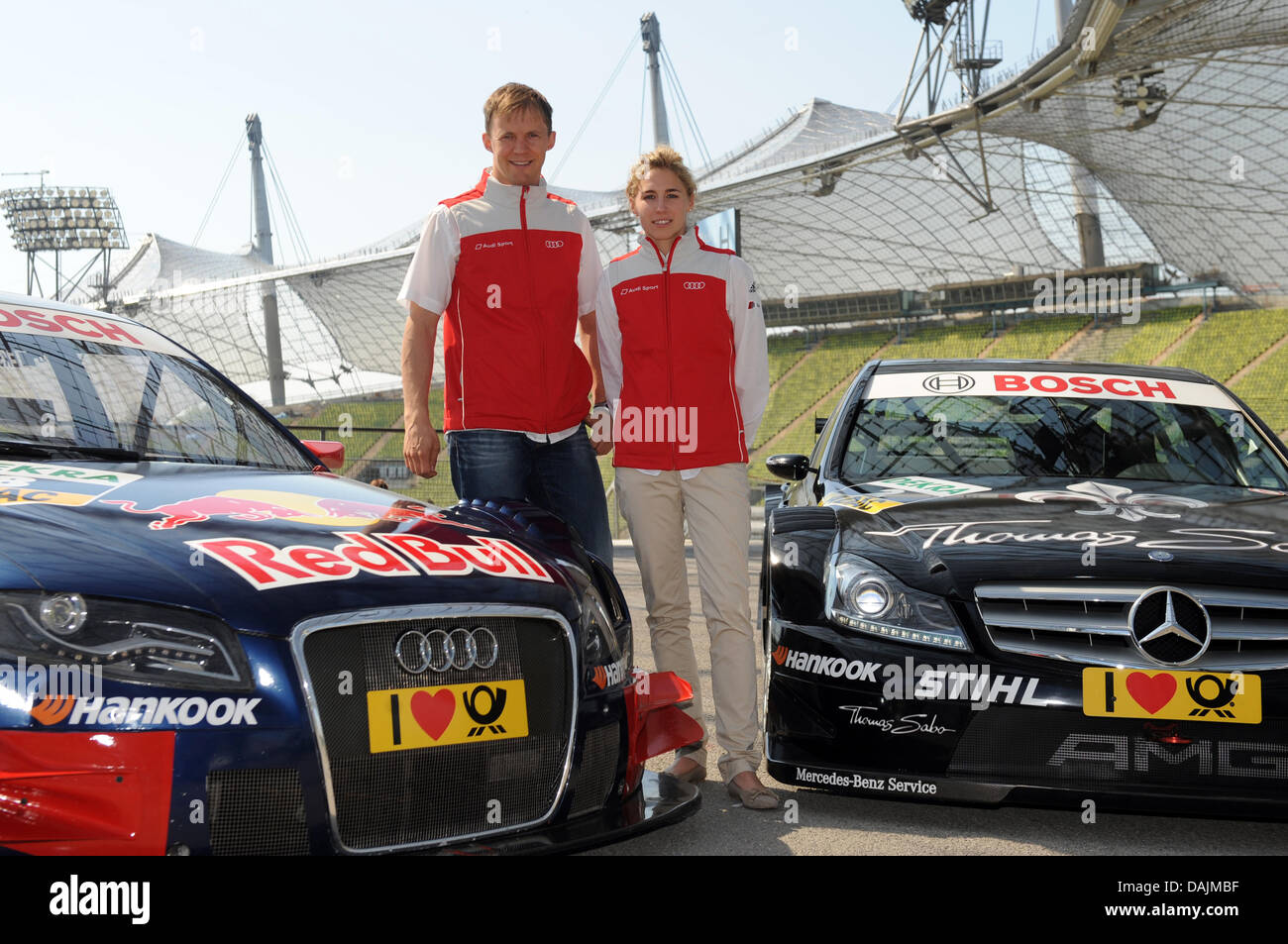 DTM race drivers Mattias Ekstroem (l) and Rahel Frey from Switzerland ...