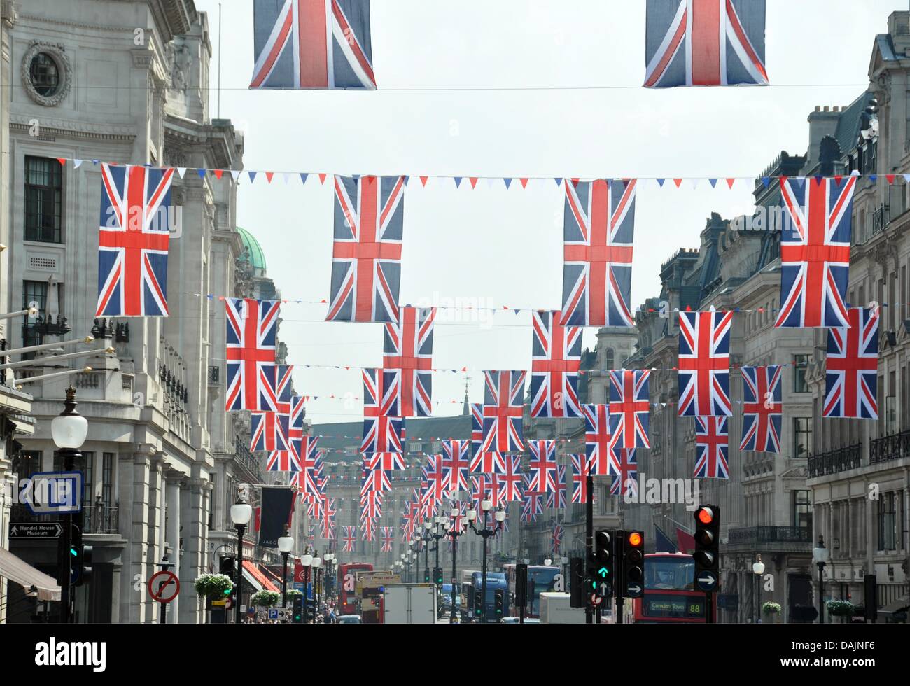 Flags hang over Regent Street in London, England, 21 April 2011. On 29 ...