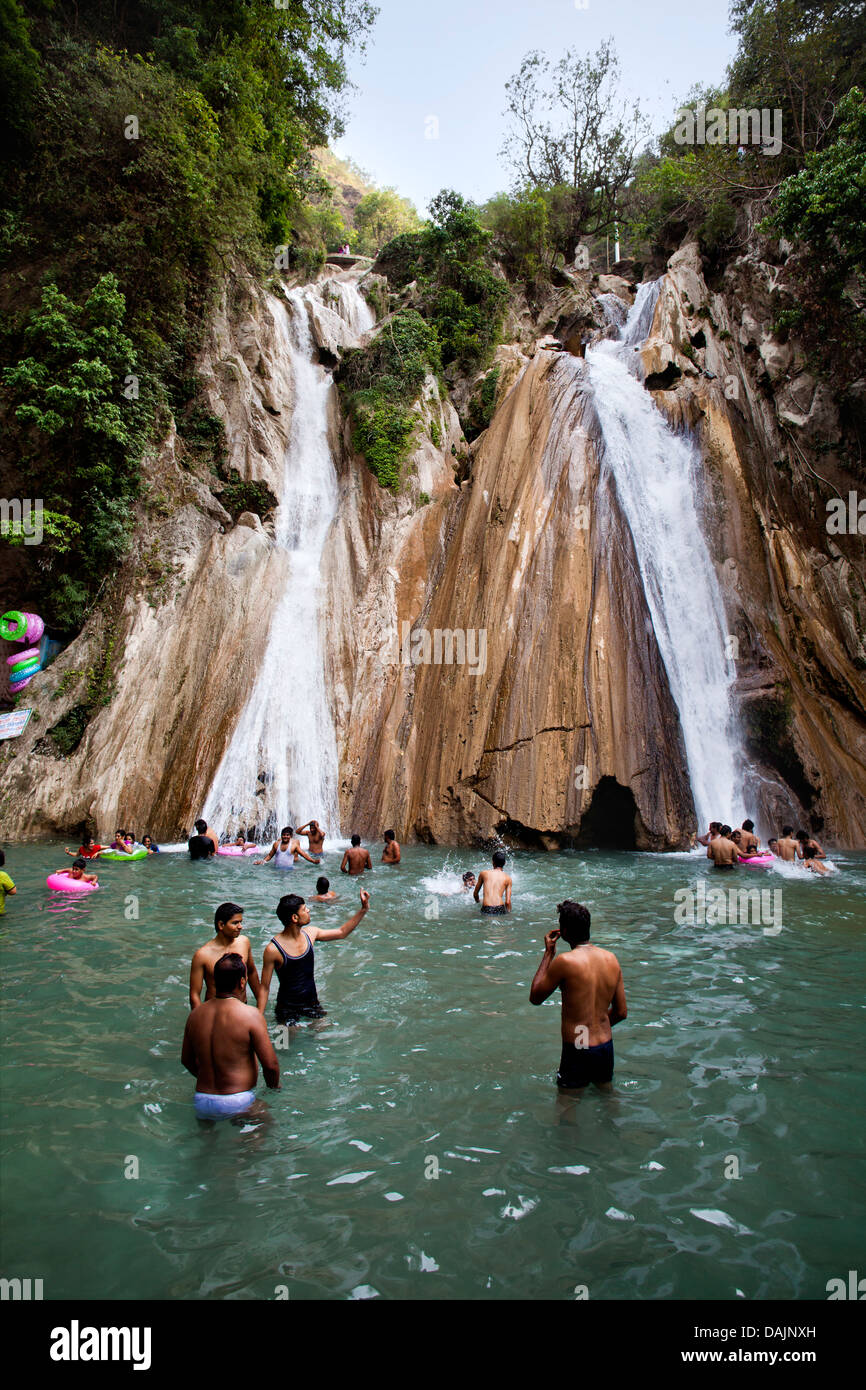 Tourists enjoying at waterfall, Kempty Falls, Chakrata Road, Mussoorie ...