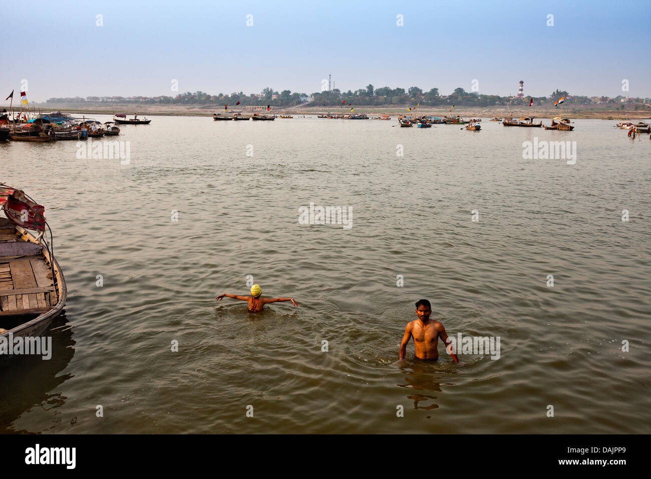 Pilgrims taking holy dip in the river, Ganges River, Allahabad, Uttar ...