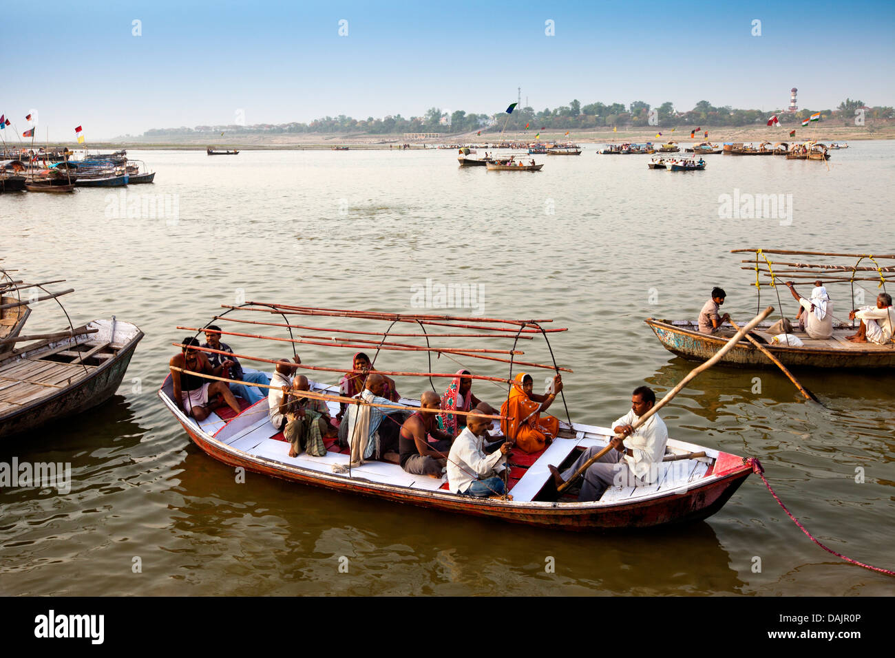 Tourists enjoying boat riding, Ganges River, Allahabad, Uttar Pradesh ...