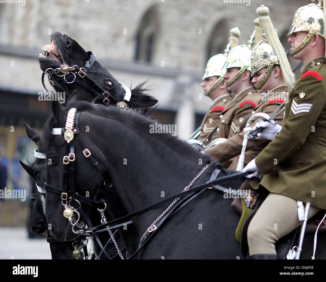 Household Cavalry Life Guards line up for the rehearsal for the royal ...