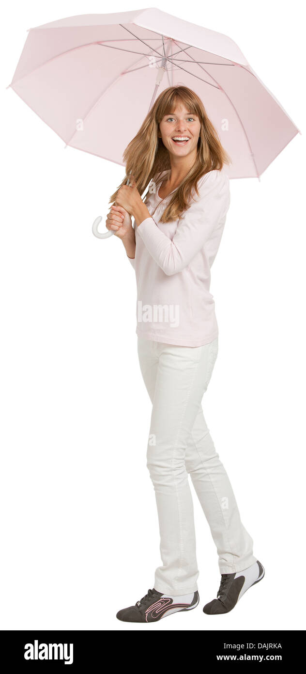 Woman smiling umbrella portrait Cut Out Stock Images & Pictures - Alamy