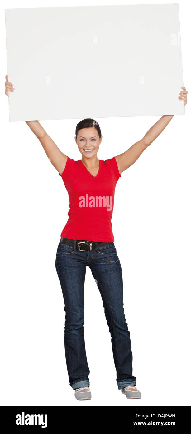 Portrait of young woman holding poster, smiling Stock Photo - Alamy