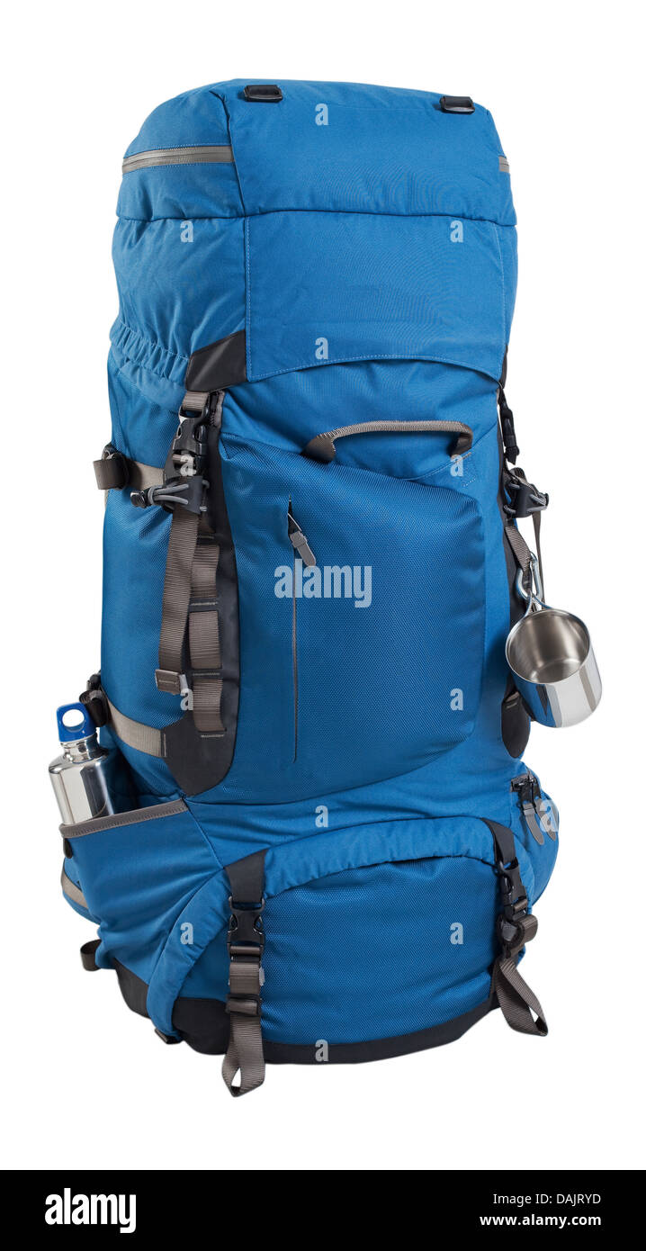 Large hiking backpack on white background, close up Stock Photo - Alamy