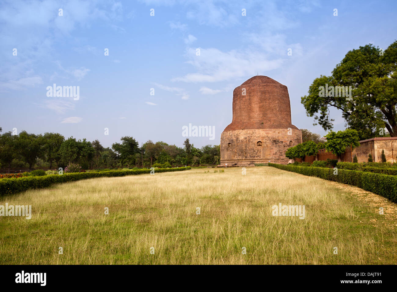 Garden with Stupa in the background, Dhamek Stupa, Sarnath, Varanasi ...