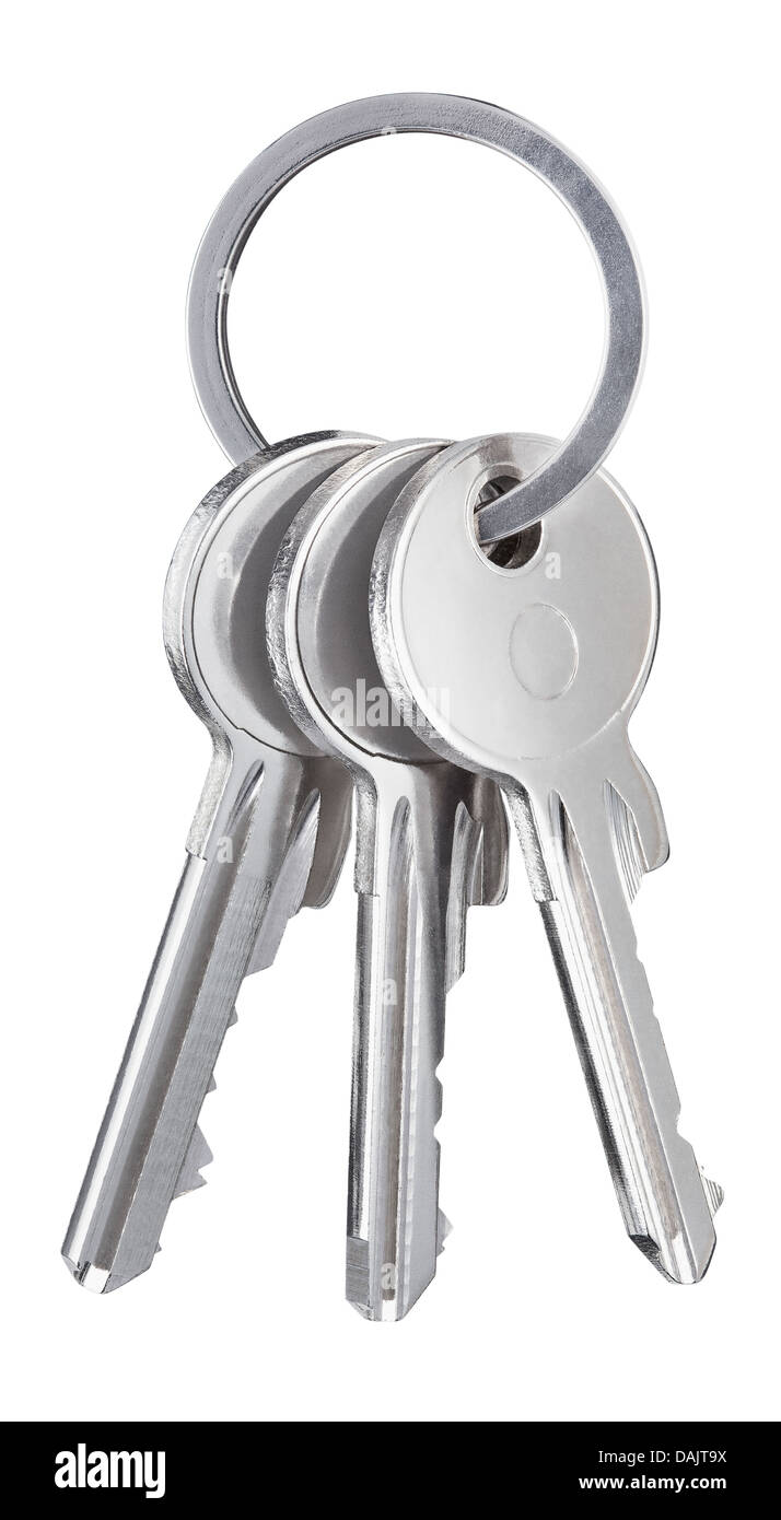 Keychain with three keys against white background, close up Stock Photo ...