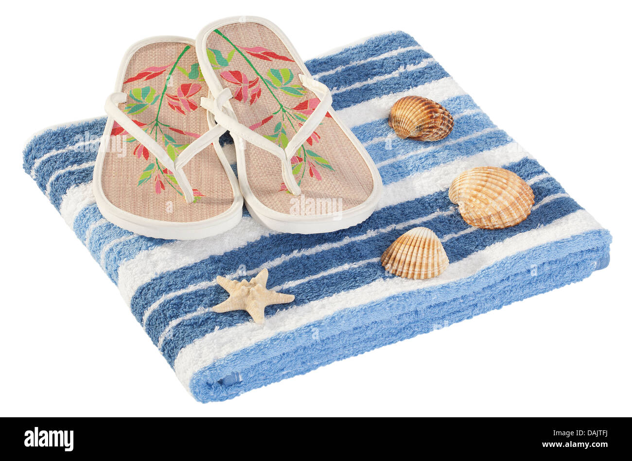 Flip flops with beach towel and seashell on white background, close up ...
