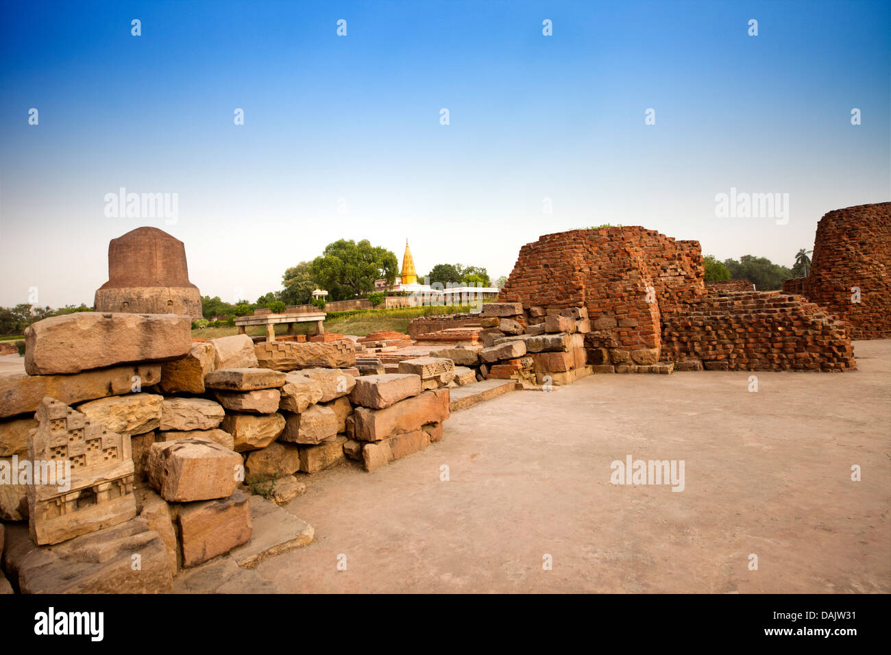 Ruins at archaeological site with Dhamek Stupa in the background ...
