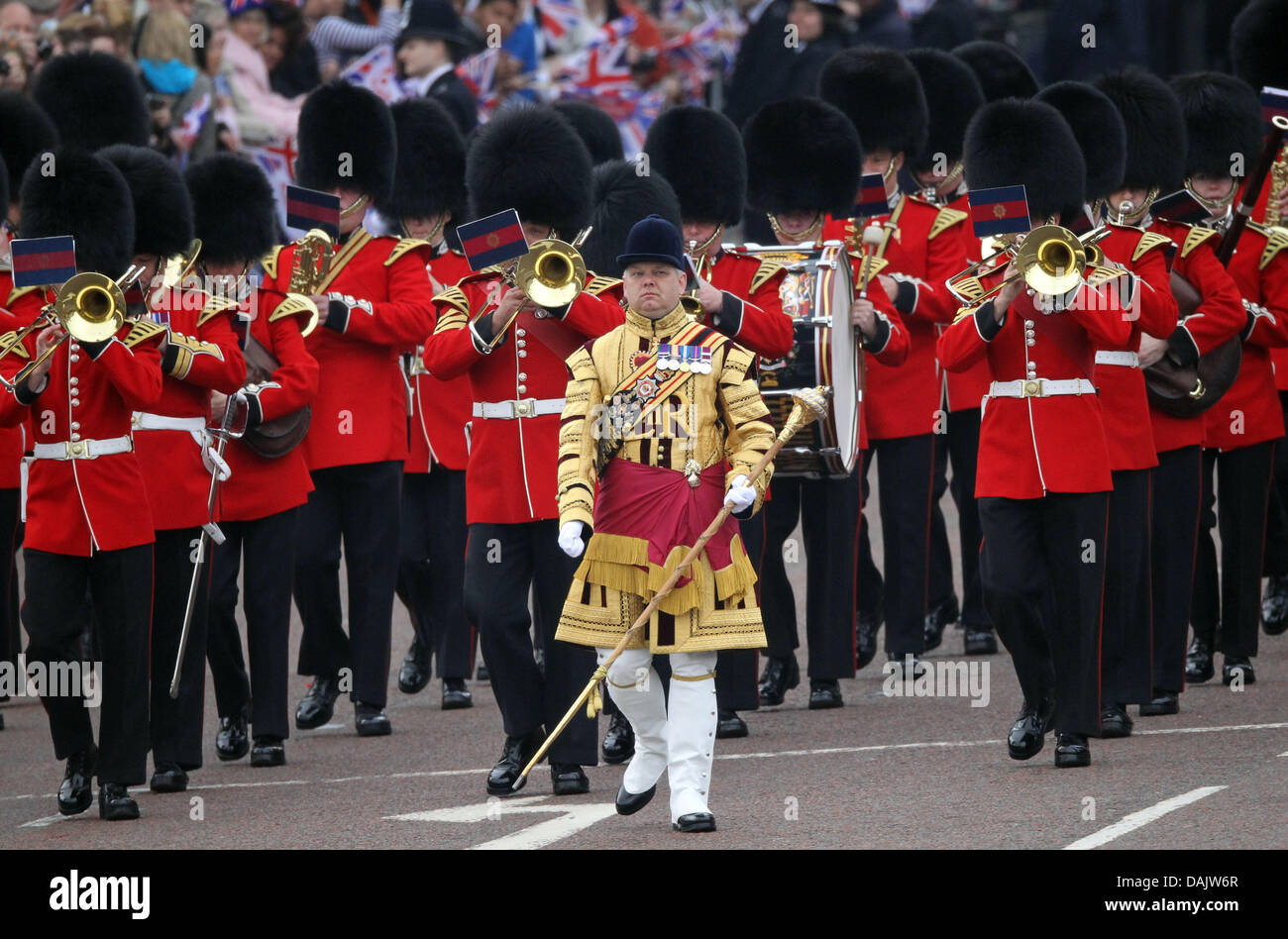 The guards band march in front of Buckingham Palace in London, Britain ...