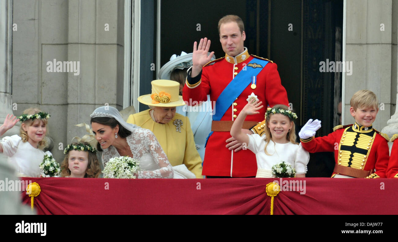 (L-R) Bridesmaids Lady Louise Windsor and Grace van Cutsem, bride ...