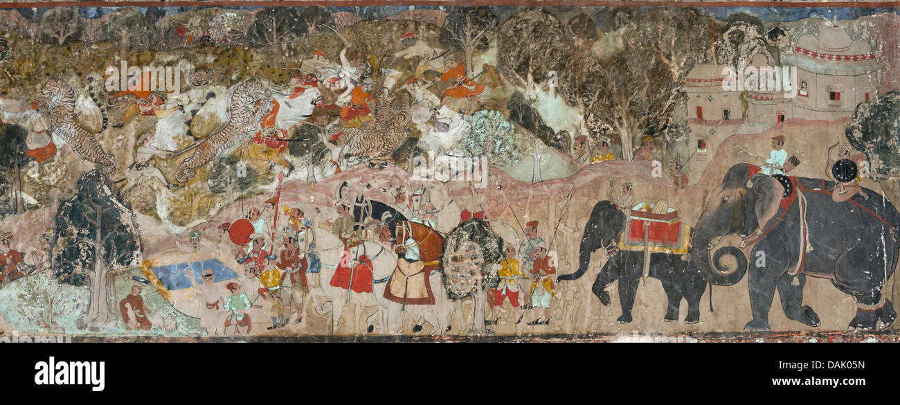 Hunting scenes, mural or fresco painted with natural colours, Badal ...