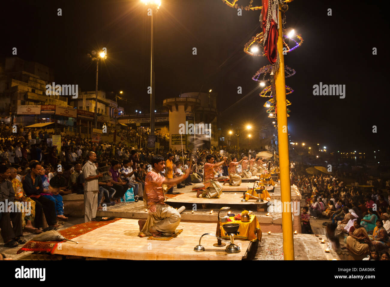 Pilgrims performing aarti at a ghat, Ganges River, Varanasi, Uttar ...