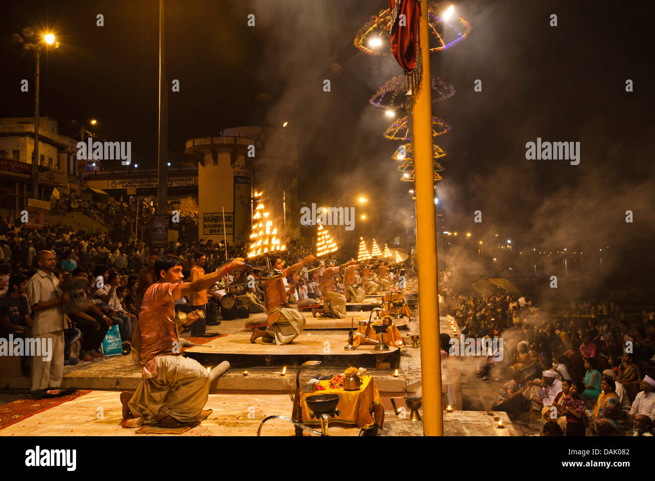Pilgrims performing aarti at a ghat, Ganges River, Varanasi, Uttar ...