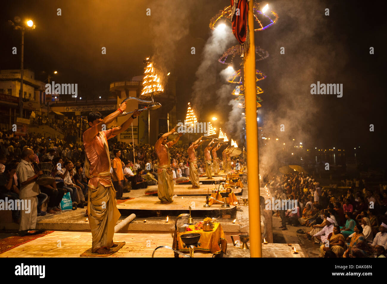 Pilgrims performing aarti at a ghat, Ganges River, Varanasi, Uttar ...