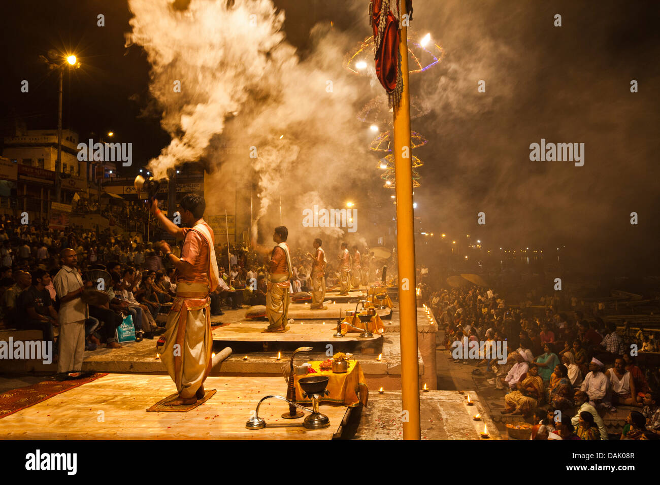 Pilgrims performing aarti at a ghat, Ganges River, Varanasi, Uttar ...