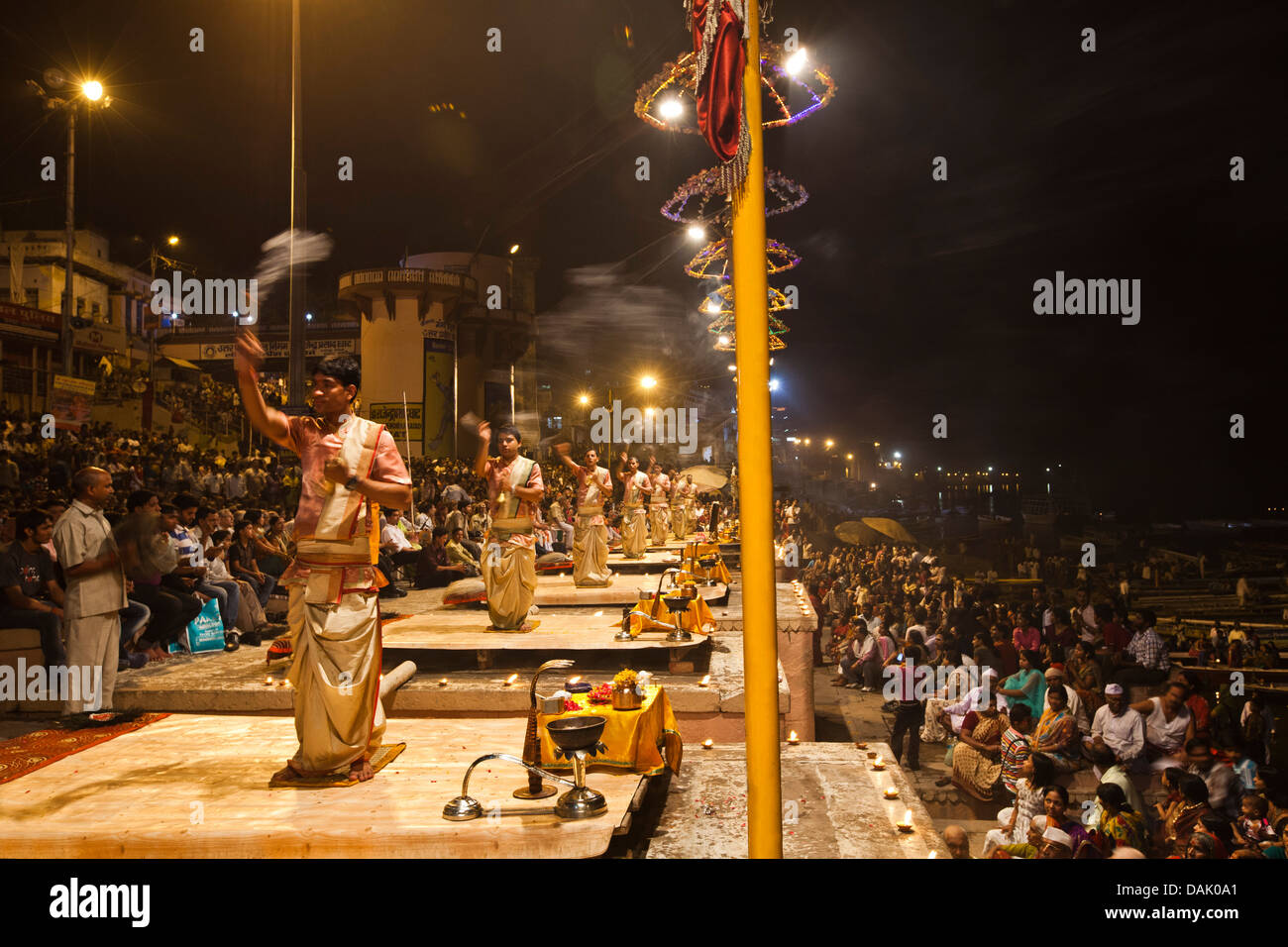 Pilgrims performing aarti at a ghat, Ganges River, Varanasi, Uttar ...
