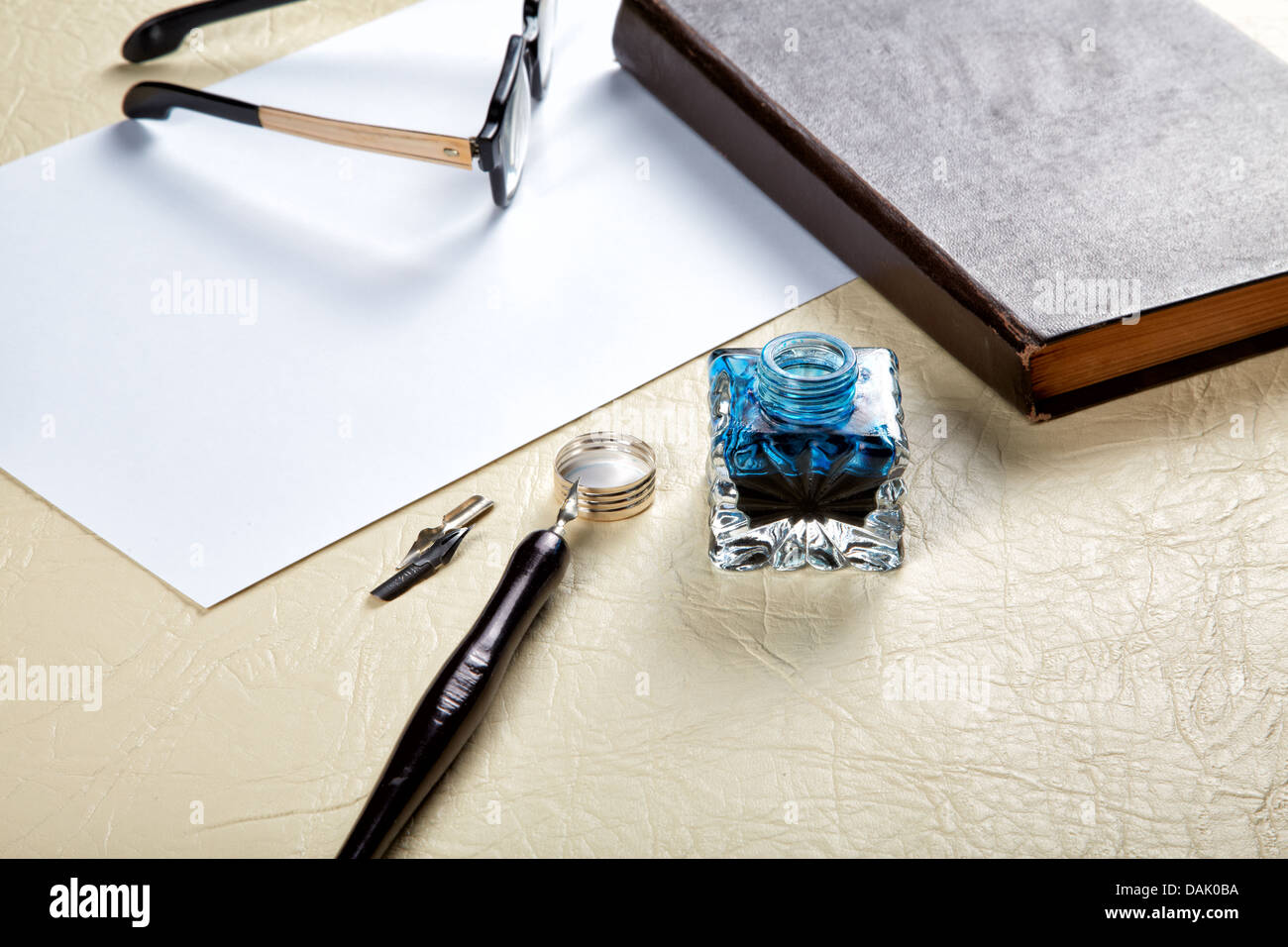 Still-life with the old Ink pot and quill Stock Photo - Alamy