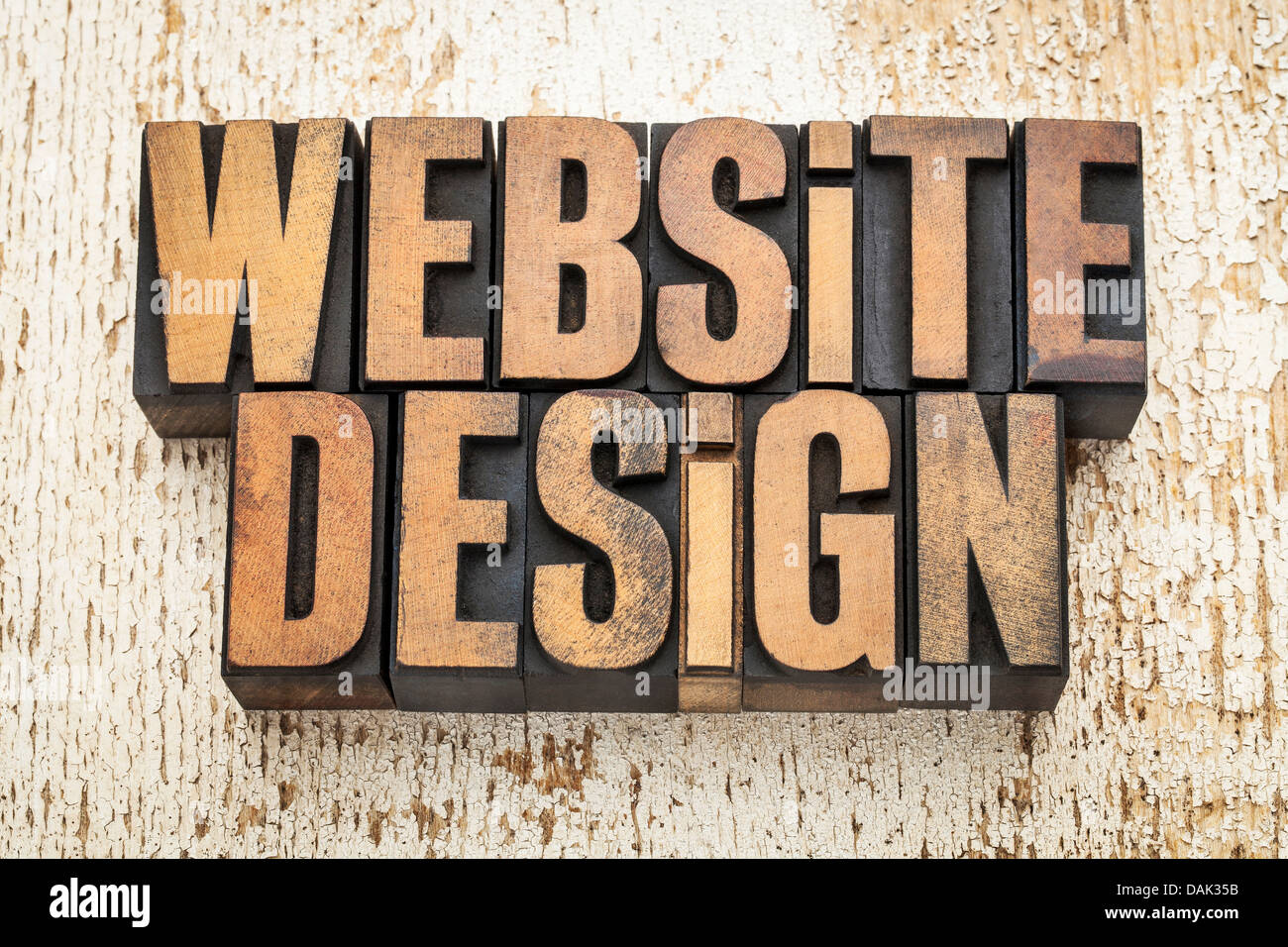 website design text in vintage letterpress wood type on a grunge ...