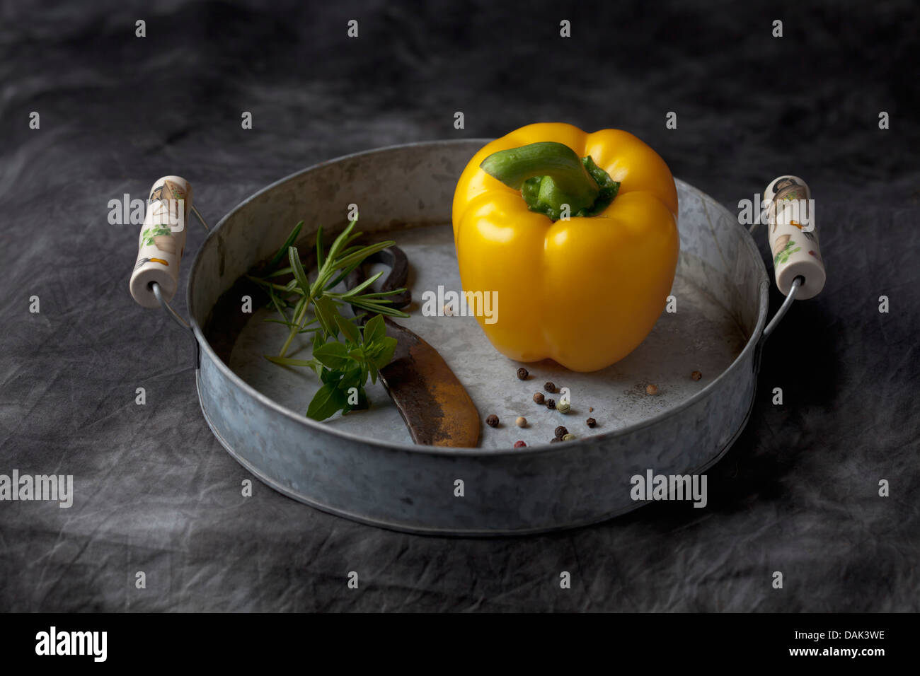 Capsicum with knife and peppers on tray, close up Stock Photo - Alamy