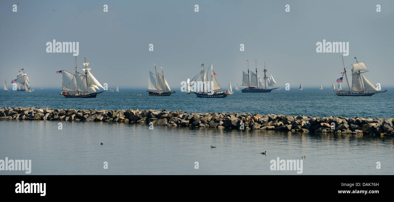 Panorama of Tall Ships with sails up in the Toronto Harbour on Lake ...