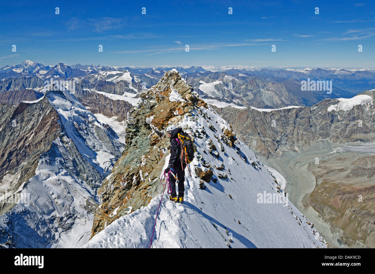 climber on the summit of the Matterhorn (4478m), Zermatt, Swiss Alps ...