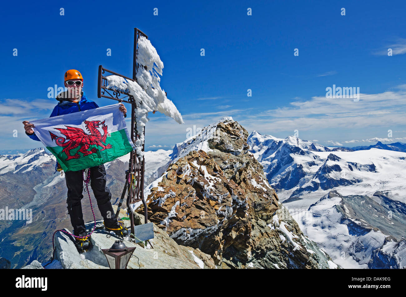 climber on the summit of the Matterhorn (4478m), Zermatt, Swiss Alps ...