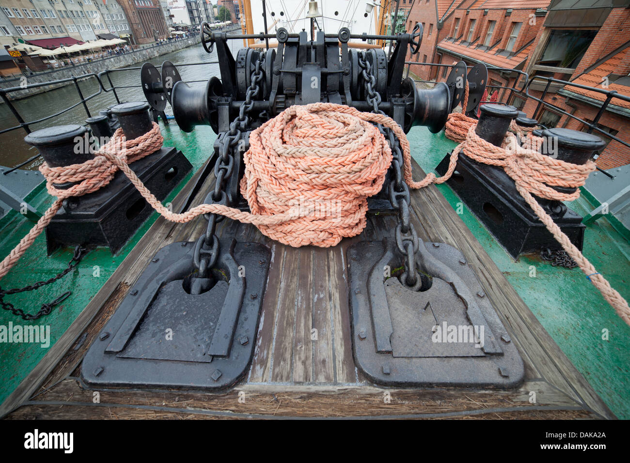 Rope and machinery with metal chain on Soldek ship deck in the city of ...