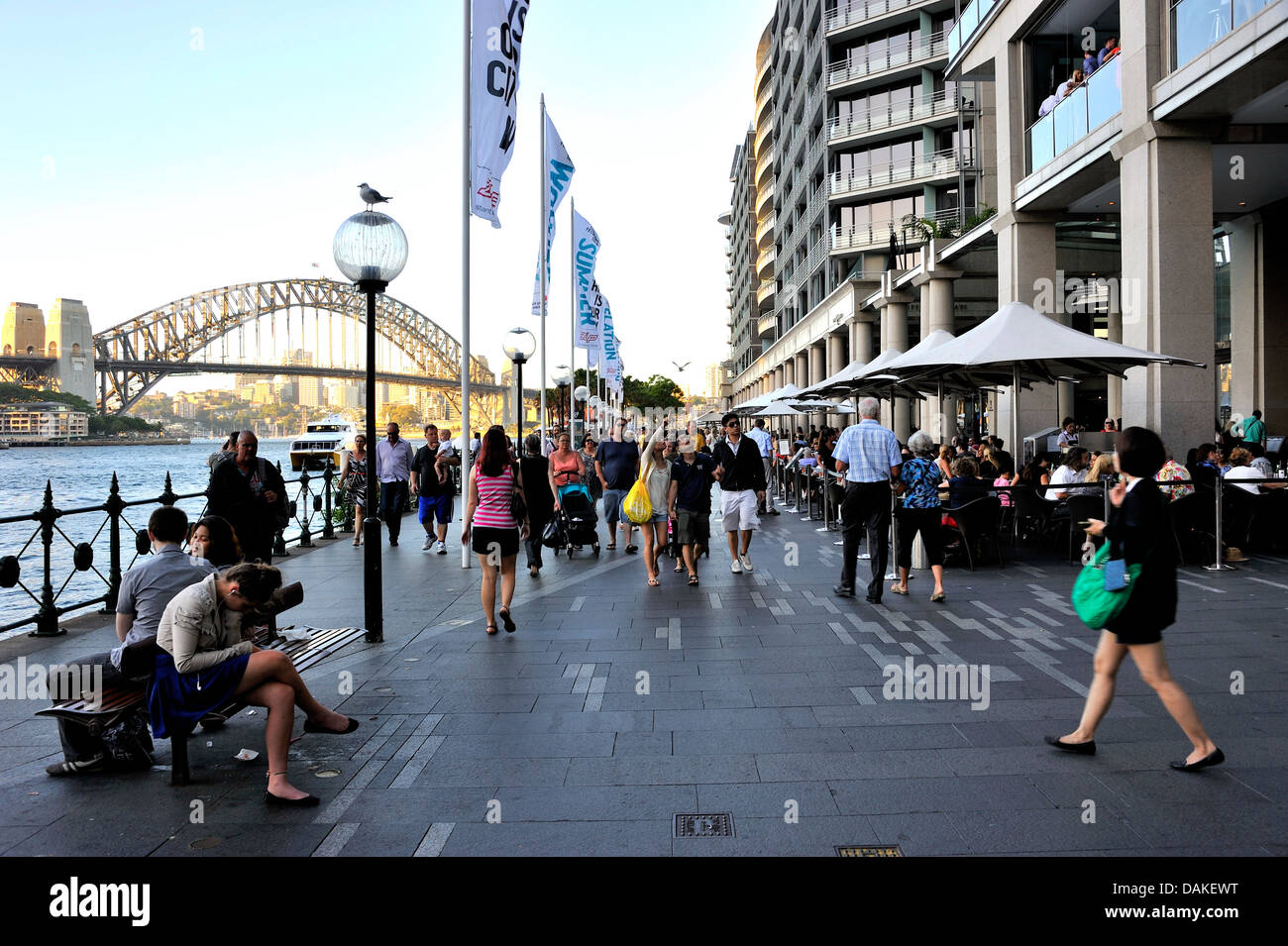 Waterfront at Circular Quay with views over Sydney harbour bridge ...