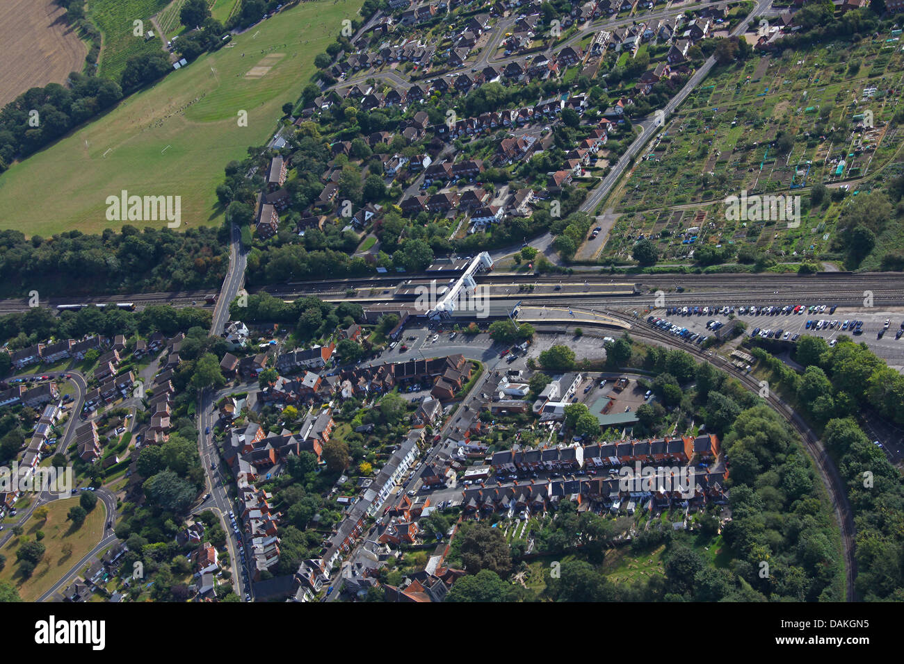 An aerial view of Twyford railway station showing the Branch line going ...