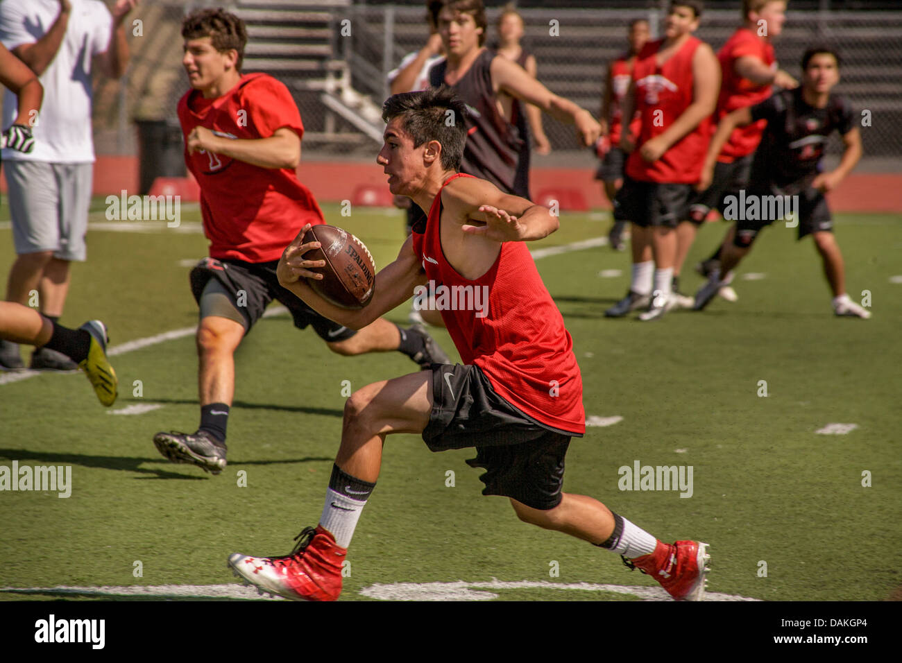 Carrying the ball, a high school athlete dodges tacklers while running ...