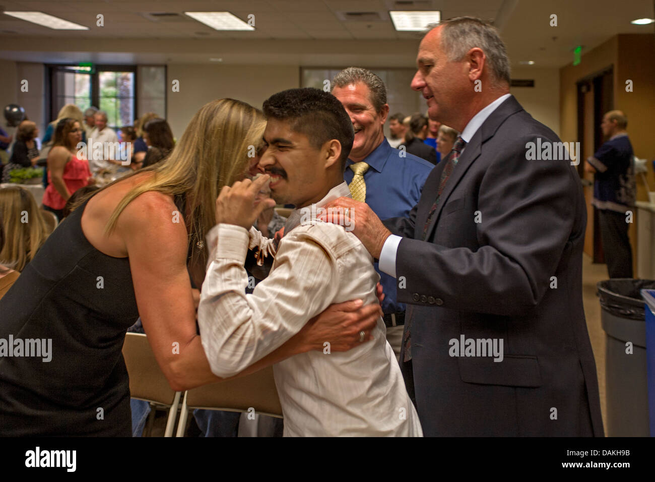 A handicapped Adult Transition Program (ATP) student is welcomed by ...