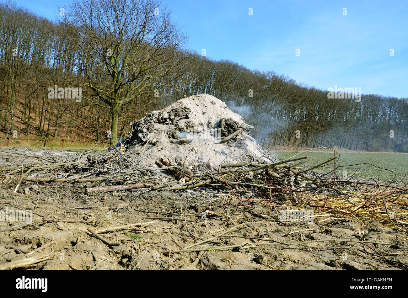 fuming remains of an Easter fire, Germany, North Rhine-Westphalia, Ruhr ...