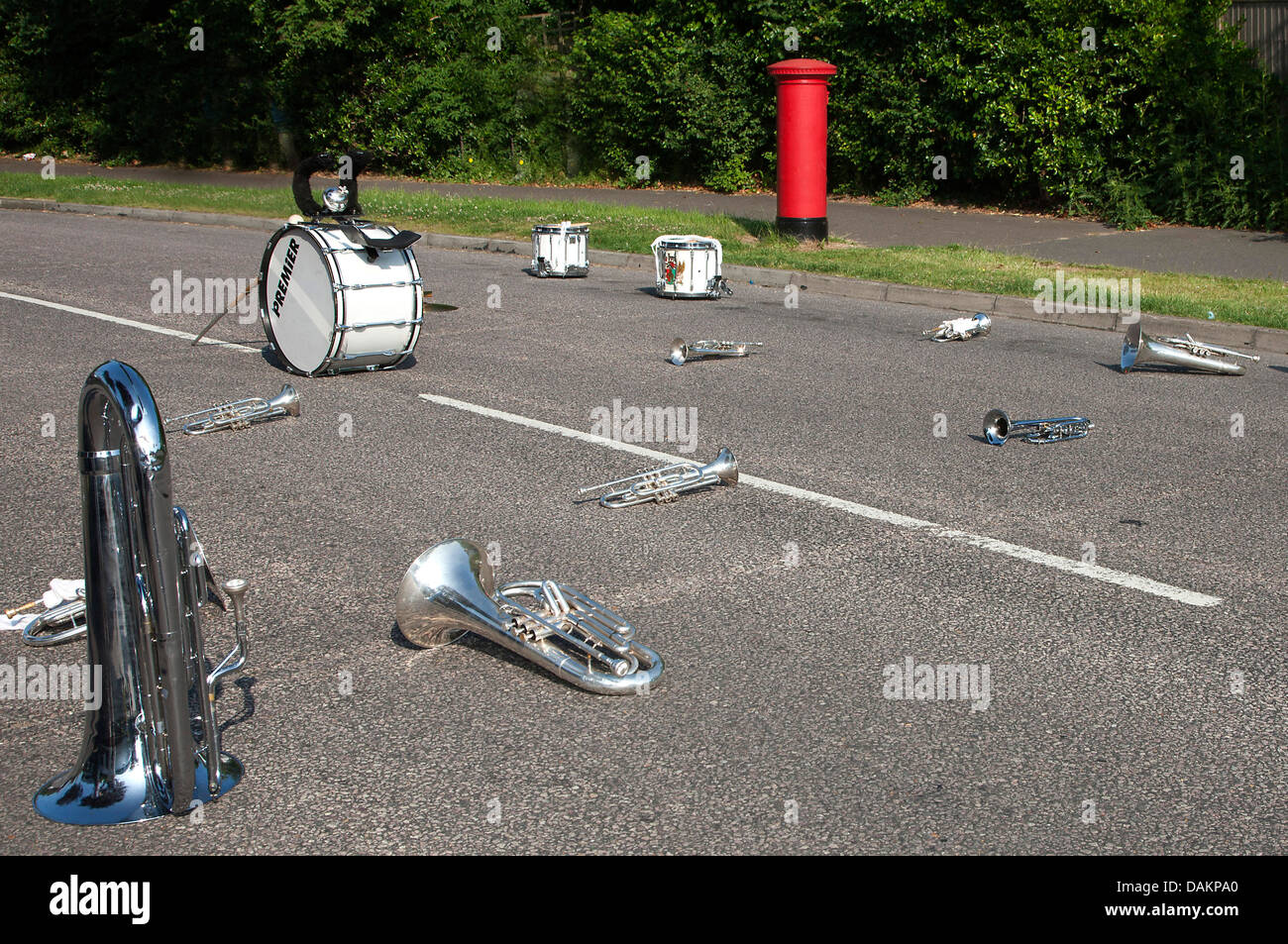 Musical instruments of a marching band in a road Stock Photo - Alamy