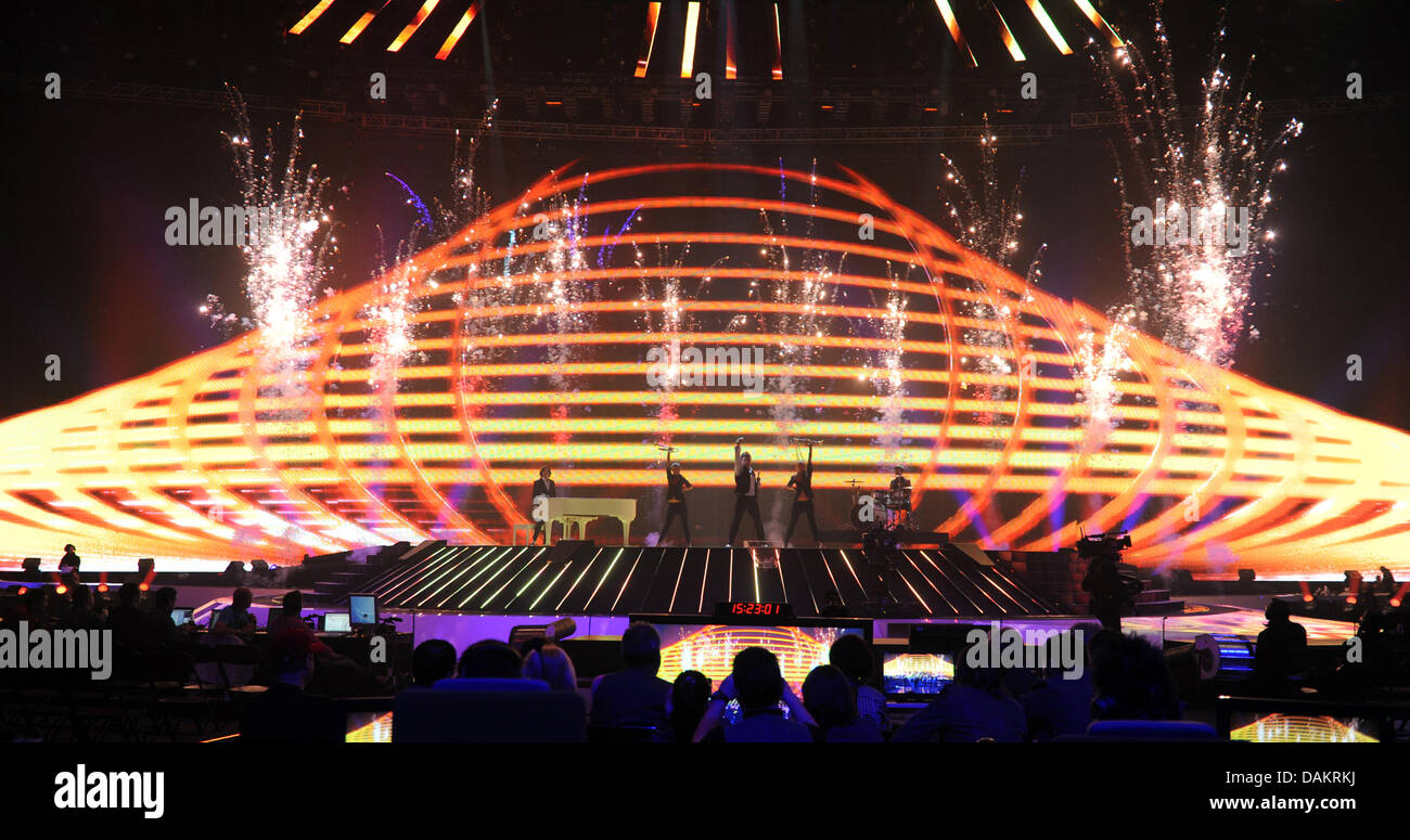 Hotel FM representing Romania performs during the first rehearsal for ...