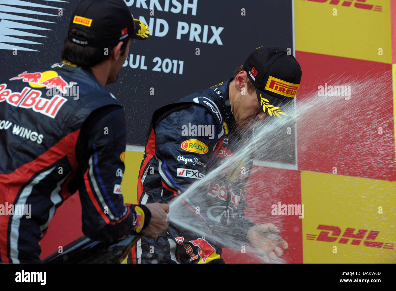 Red bull racing celebrates champagne on podium hi-res stock photography ...