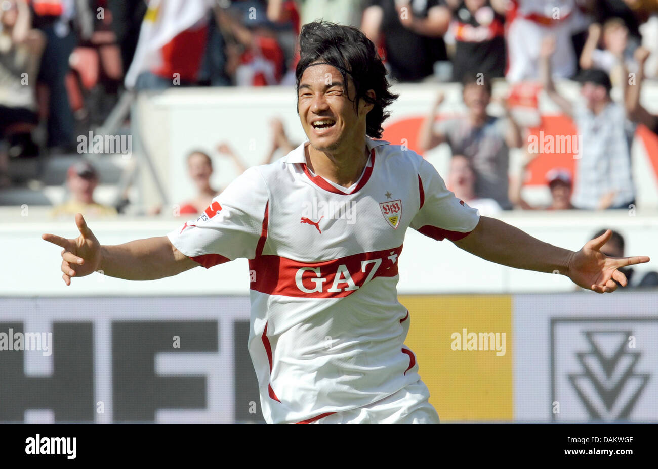 Stuttgart's player Shinji Okazaki cheers about his 2-0 score at the ...