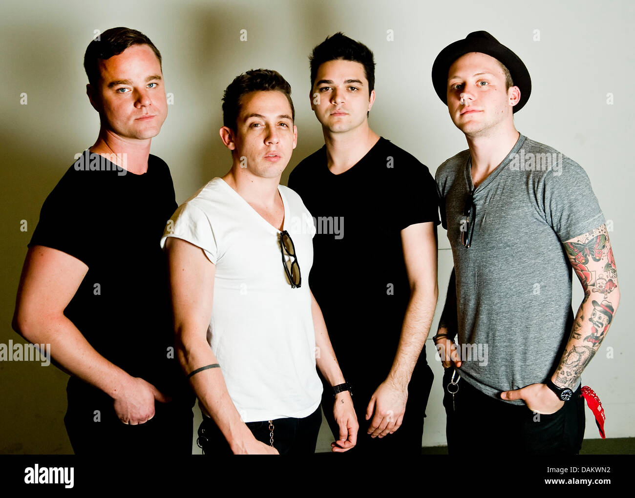 EXCLUSIVE - Percussionist Vince Gard (L-R), singer Nick Brown, bassist ...