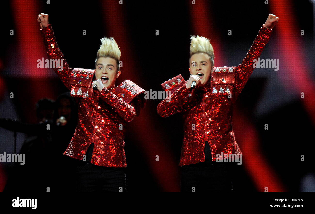 Twins John and Edward Grimes of Jedward representing Ireland perform ...