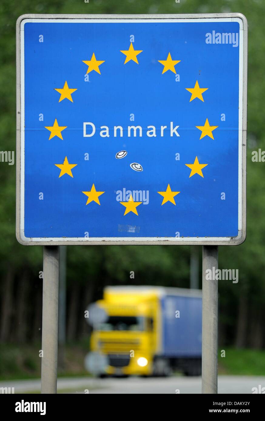 A sign with the lettering 'Denmark' and stars of the EU is pictured at ...