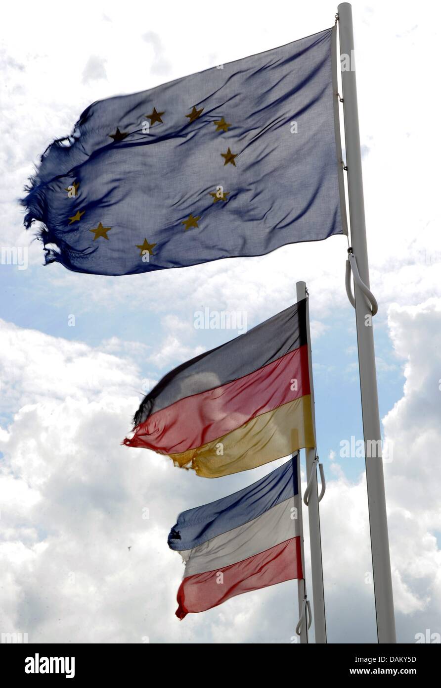 Europe's, Germany's and Schleswig-Holstein's flags wave at the German ...