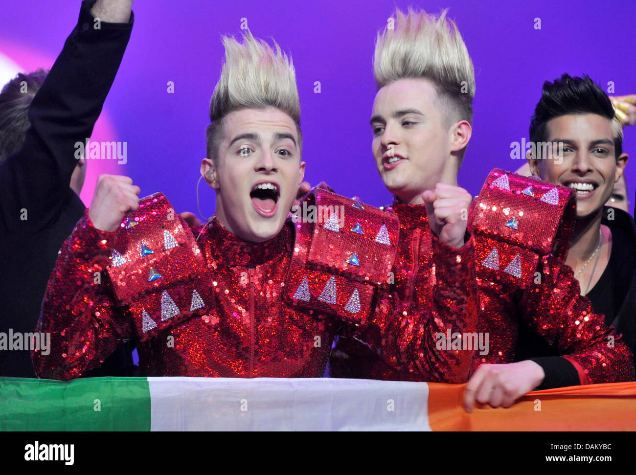 Twins John and Edward Grimes of Jedward (C) representing Ireland pose ...