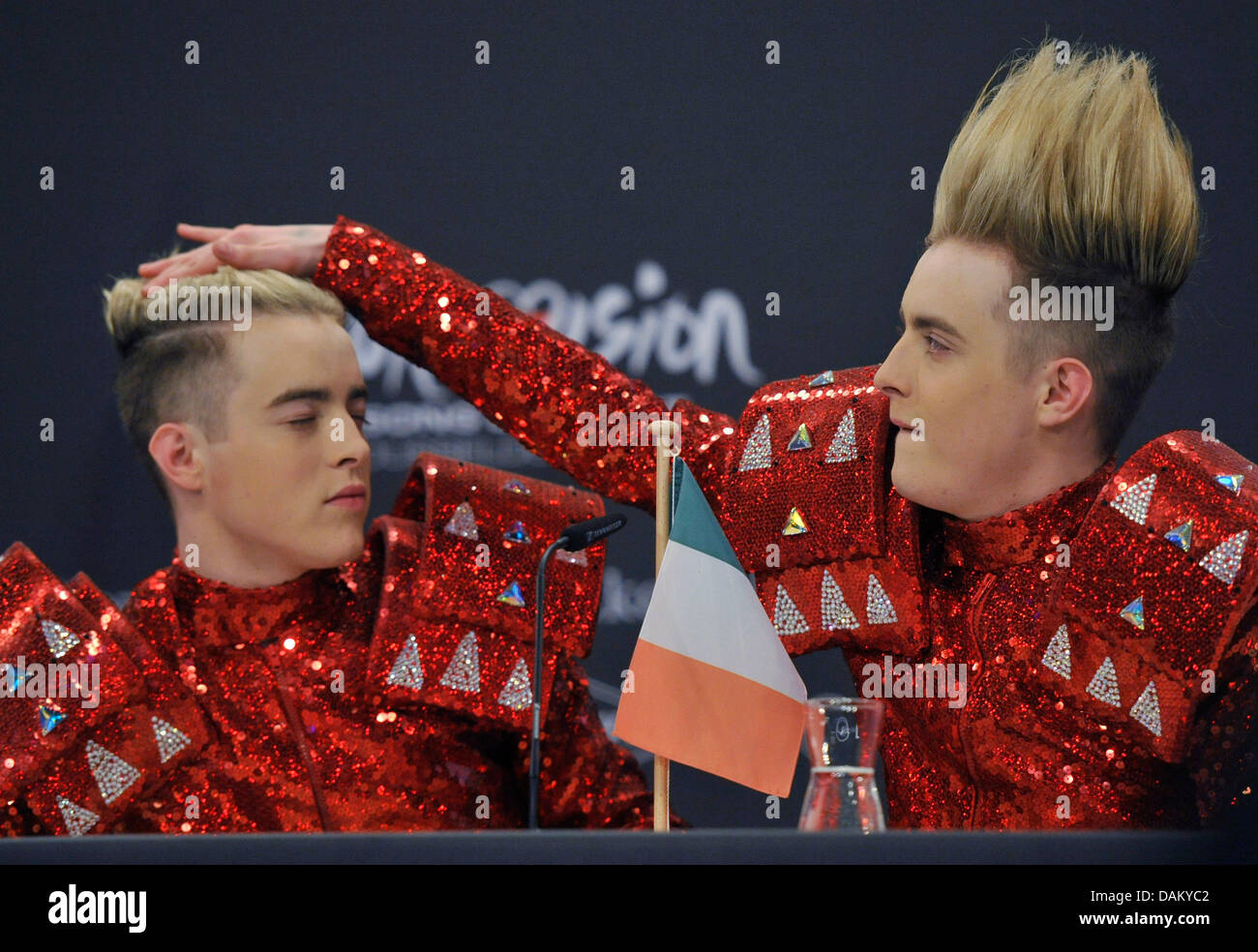 Twins John and Edward Grimes of Jedward representing Ireland pose ...