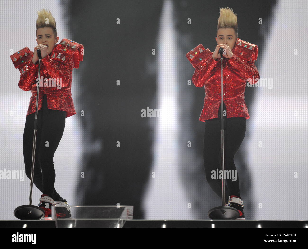 Twins John and Edward Grimes of Jedward representing Ireland perform ...